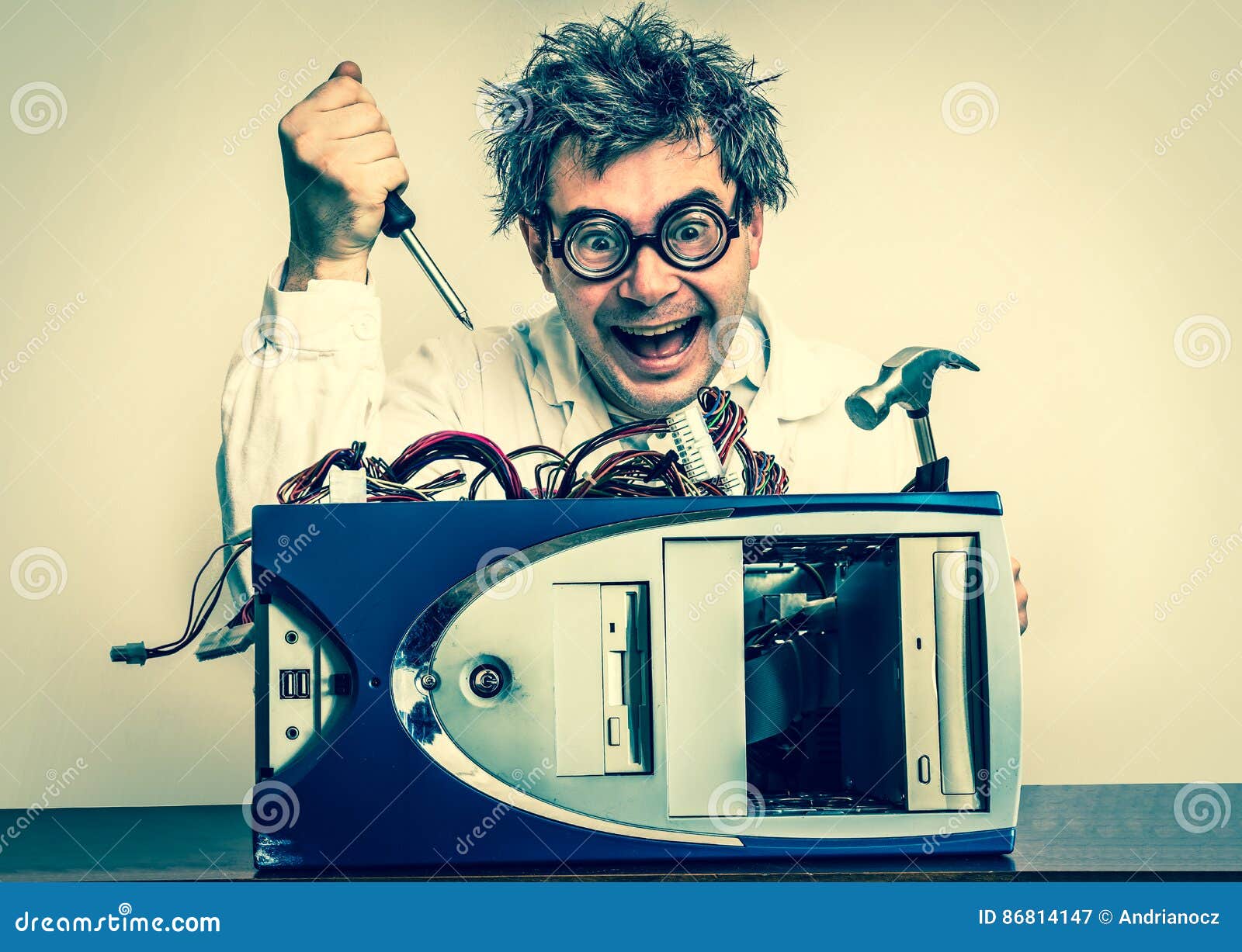 Crazy Engineer or Scientist Repairing Computer - Retro Style Stock ...