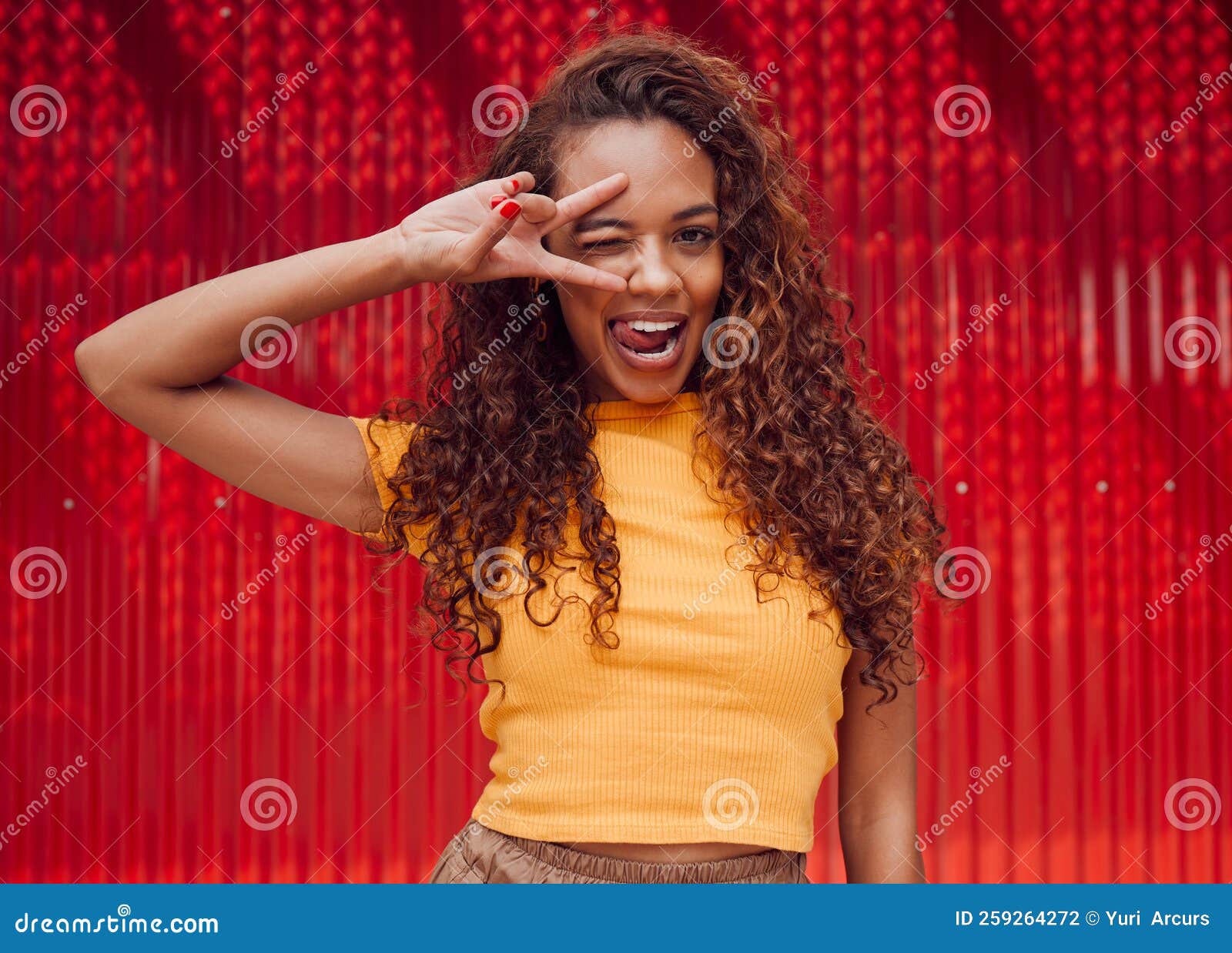 Face Peace Sign And Woman Happiness Selfie Of A Model With A Funny