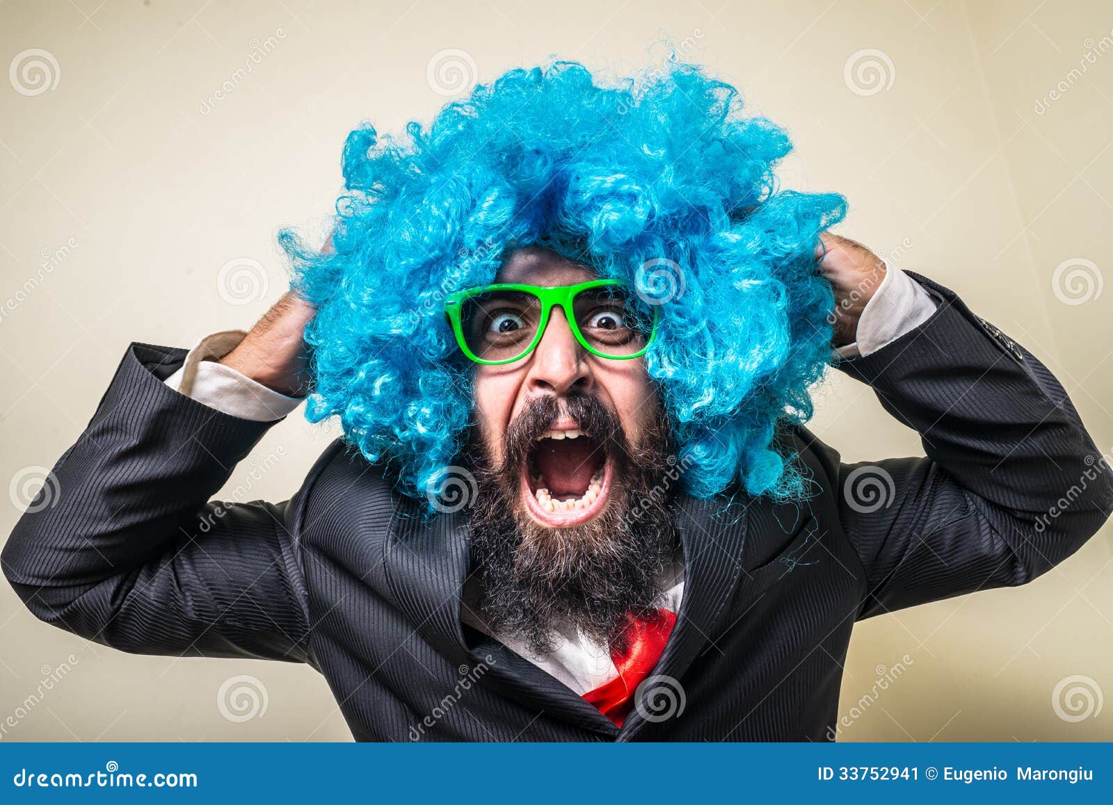 Crazy Funny Bearded Man with Blue Wig Stock Image - Image of creativity ...