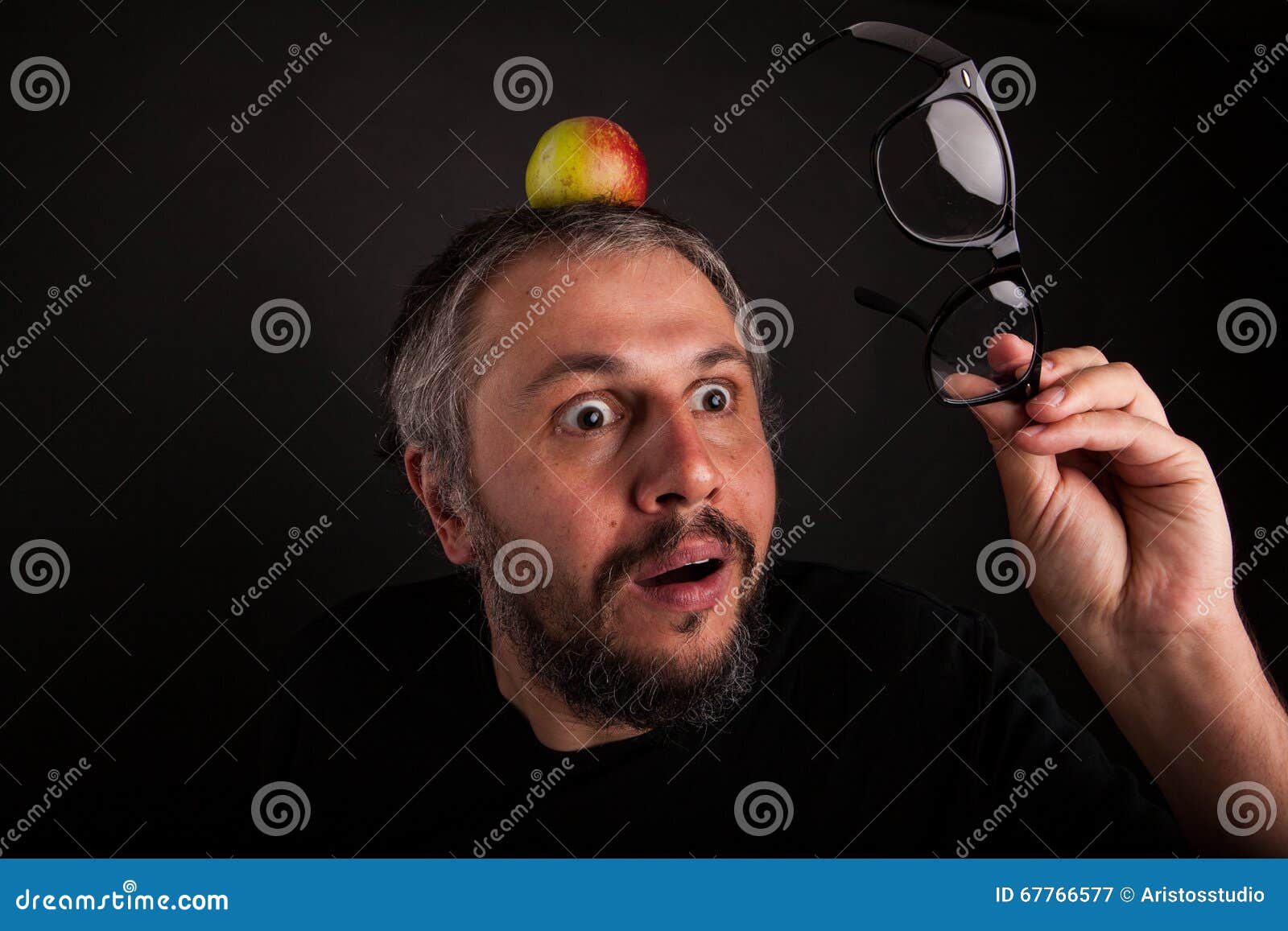 Crazy Looking Grumpy Old Man With Grey Beard And Big Glasses With Apple Stock Image Image Of
