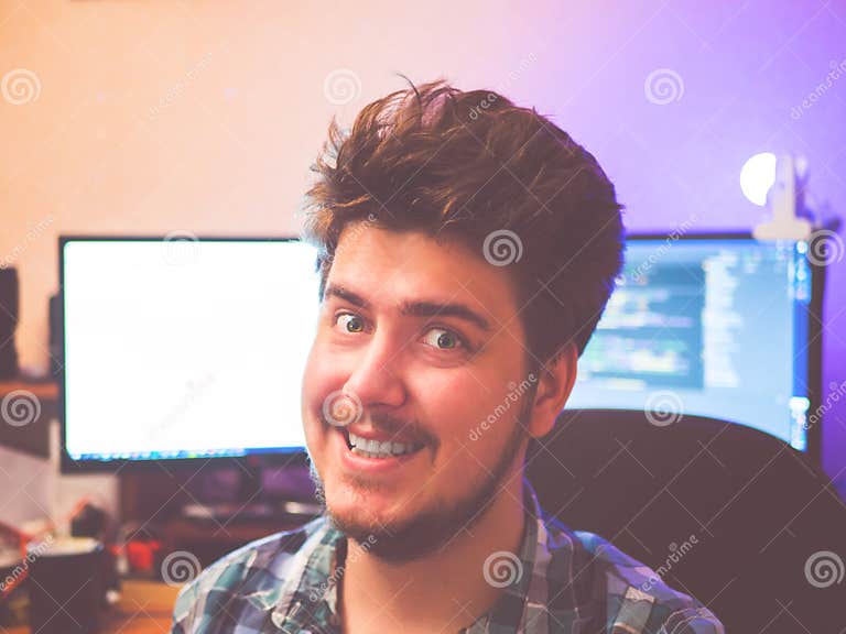 Crazy Looking Nerdy Smiling Man Developer Freelancer with Two Monitors ...