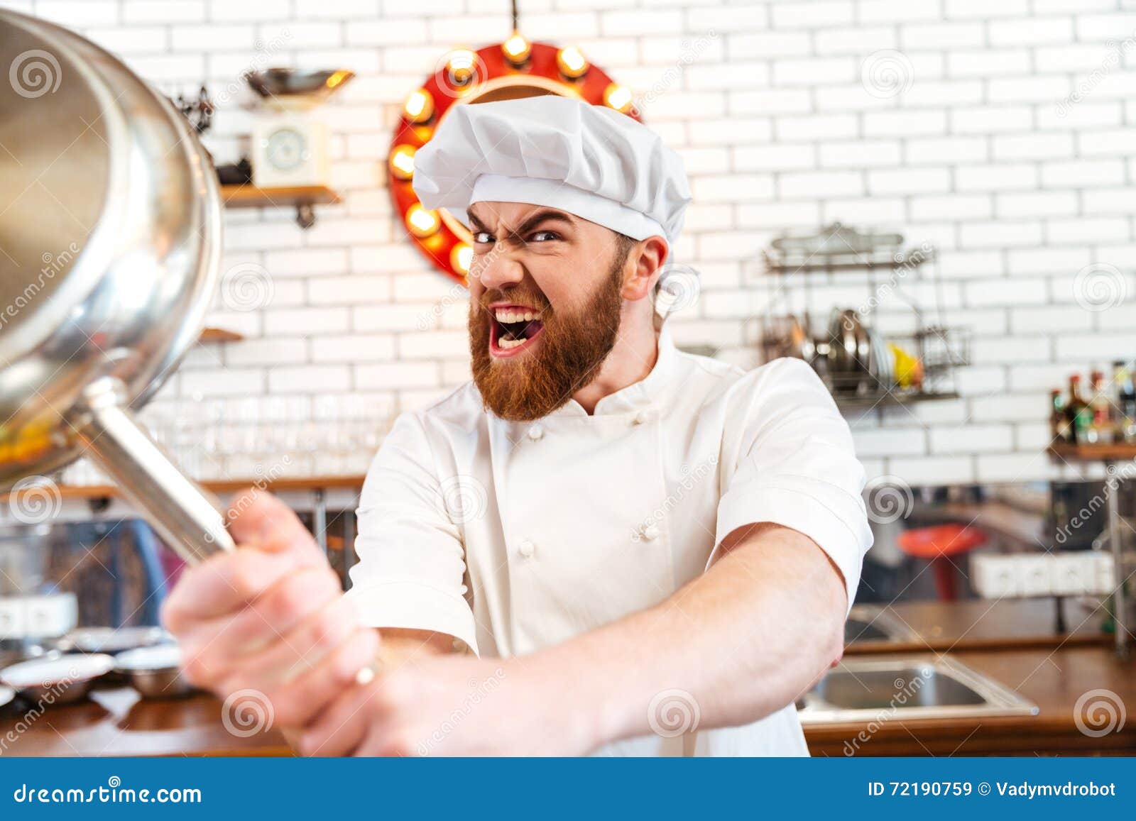 Crazy Mad Chef Cook Threatening with Frying Pan Stock Image - Image of ...