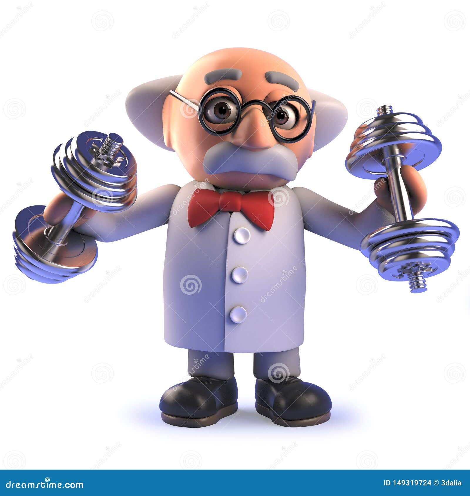 Crazy Mad Scientist Cartoon Character in 3d Exercising with Dumbells ...