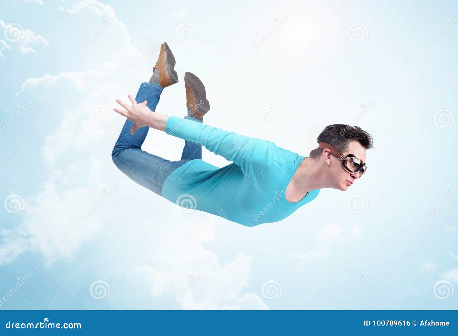 Crazy Man in Goggles is Flying in the Clouds. Jumper Concept Stock ...
