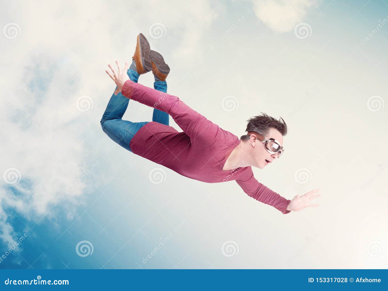 Crazy Man in Goggles is Flying in the Sky. Jumper Concept Stock Photo ...