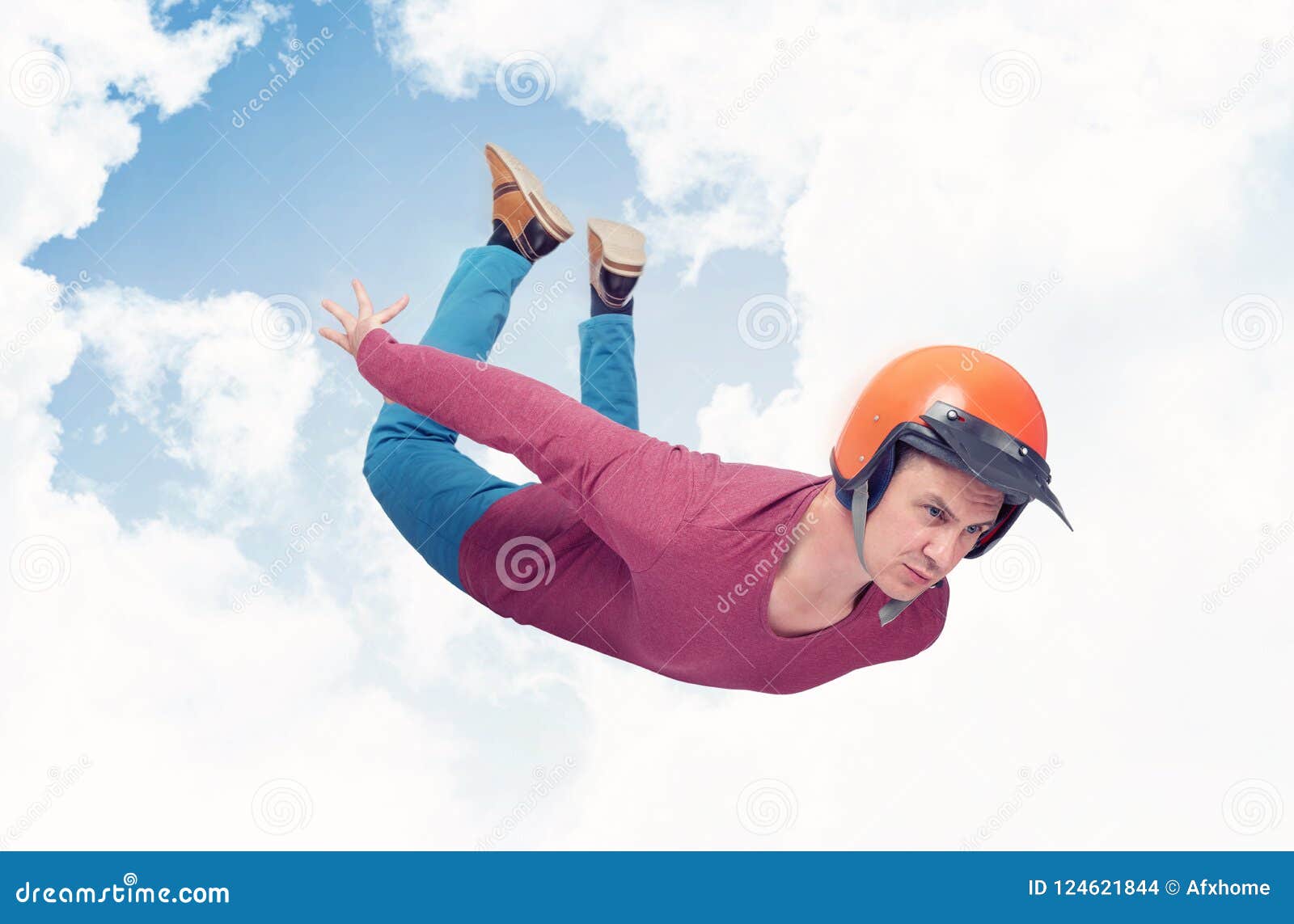 Crazy Man in Red Helmet is Flying in the Sky. Jumper Concept Stock ...
