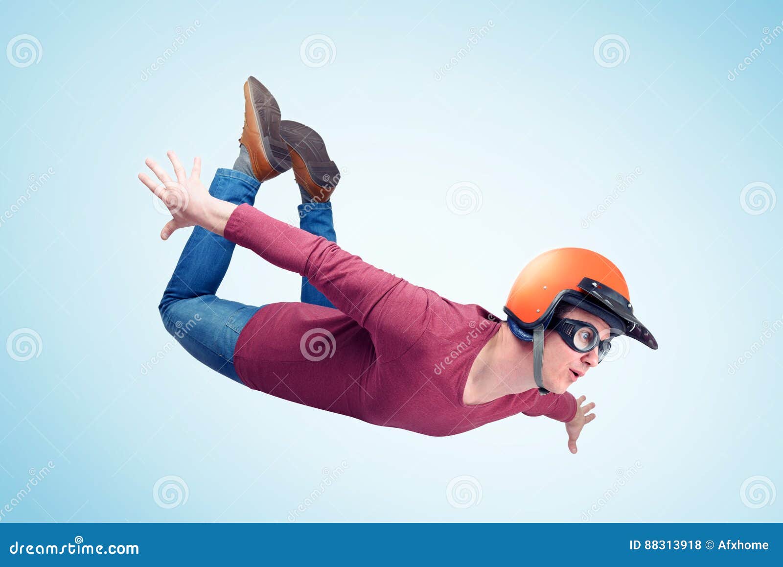 Crazy Man in Red Helmet is Flying in the Sky. Jumper Concept Stock ...