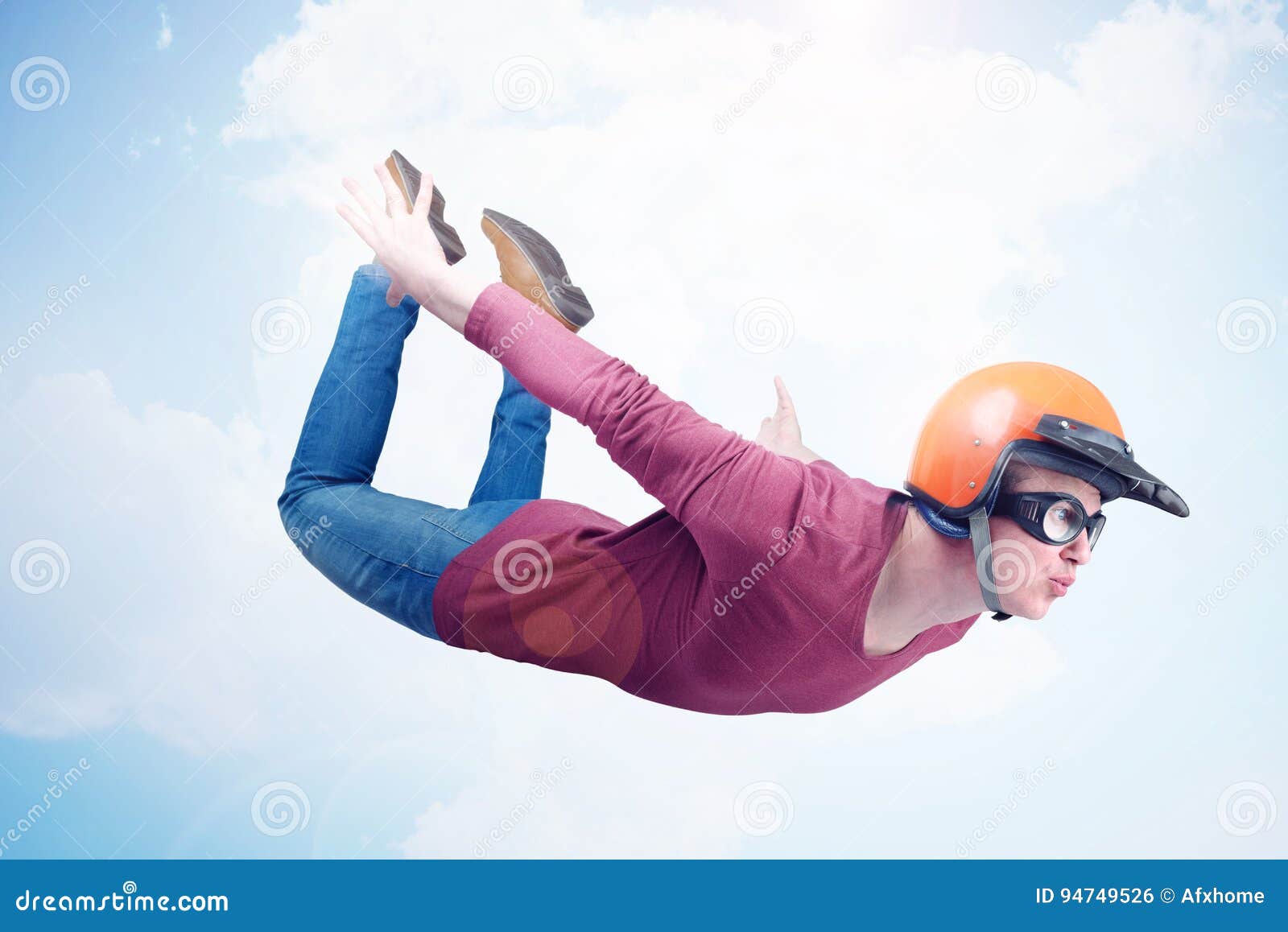 Crazy Man in Red Helmet and Goggles is Flying in the Sky. Jumper ...