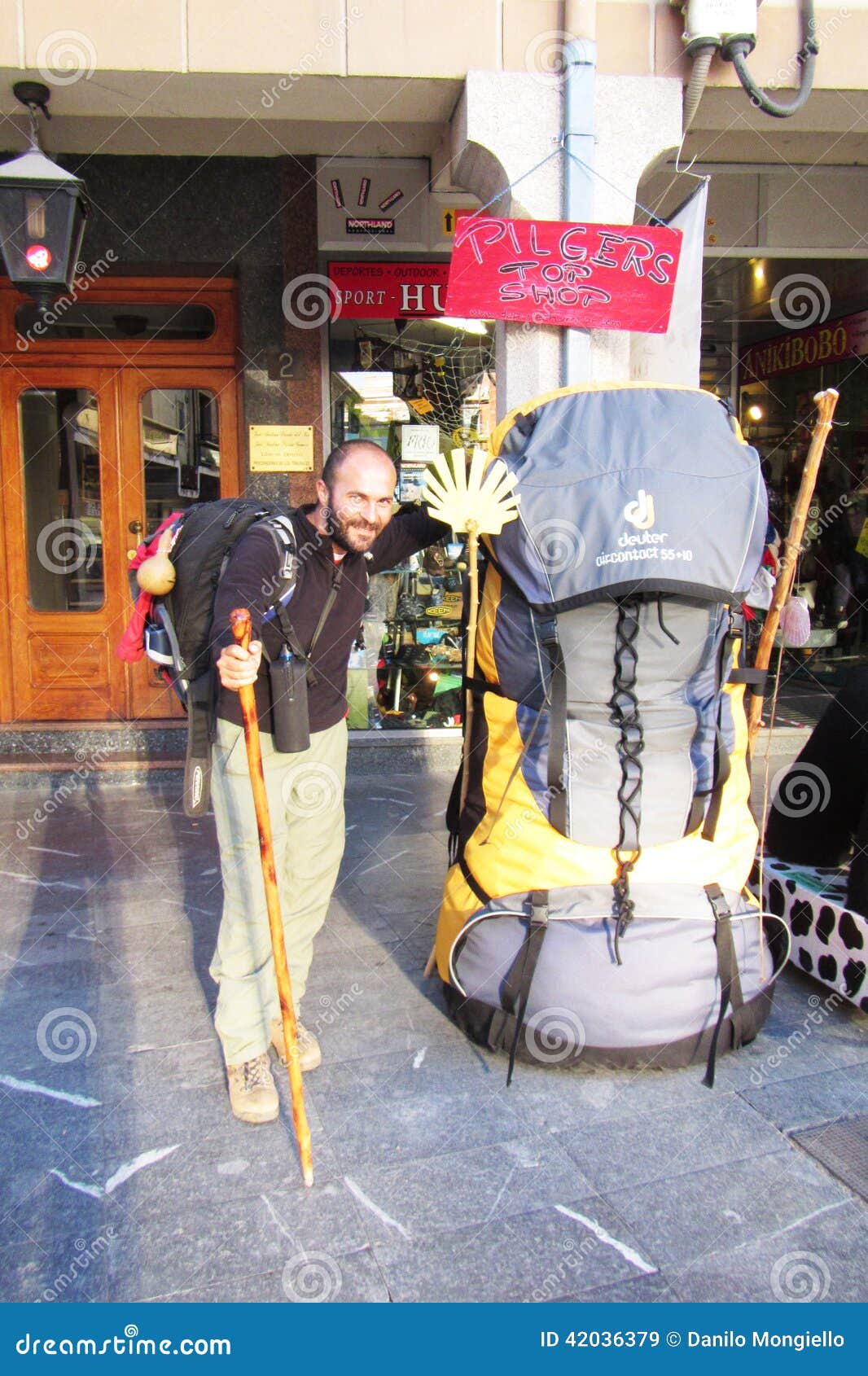 Big Backpack With Pilgrim Shell On Mountain Background. Pilgrimage ...