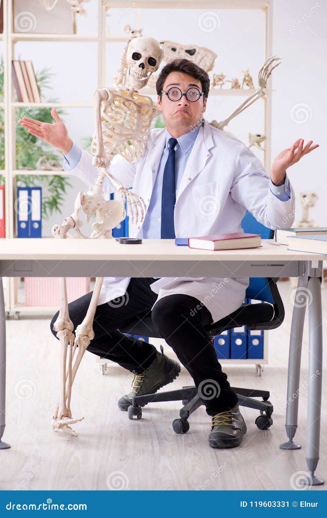 The Crazy Professor Studying Human Skeleton Stock Image - Image of ...