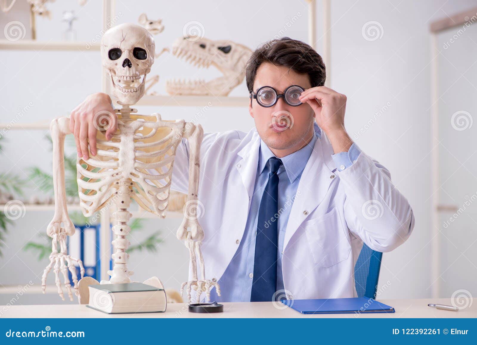 The Crazy Professor Studying Human Skeleton Stock Image - Image of ...