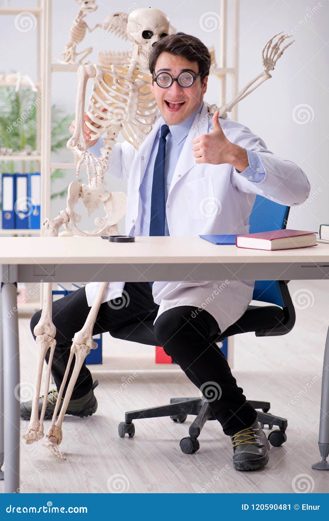 The Crazy Professor Studying Human Skeleton Stock Image - Image of ...