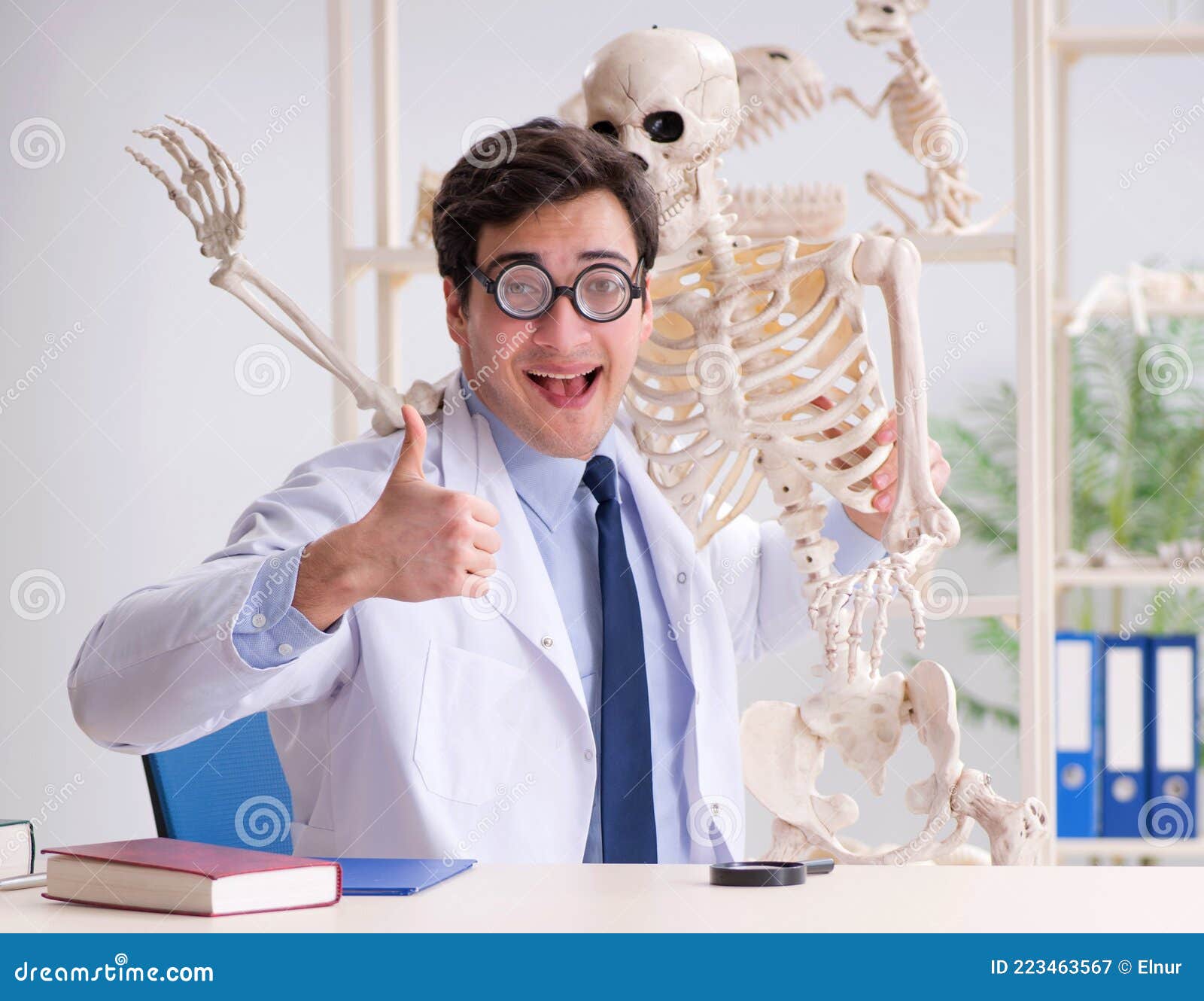 Crazy Professor Studying Human Skeleton Stock Image - Image of nerd ...