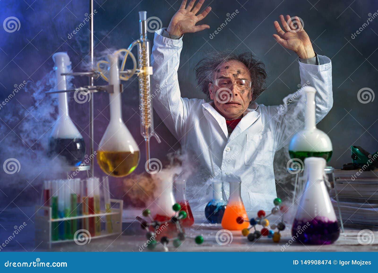 Crazy Scientist in Lab Surrounded by the Smoke from the Explosion Stock ...