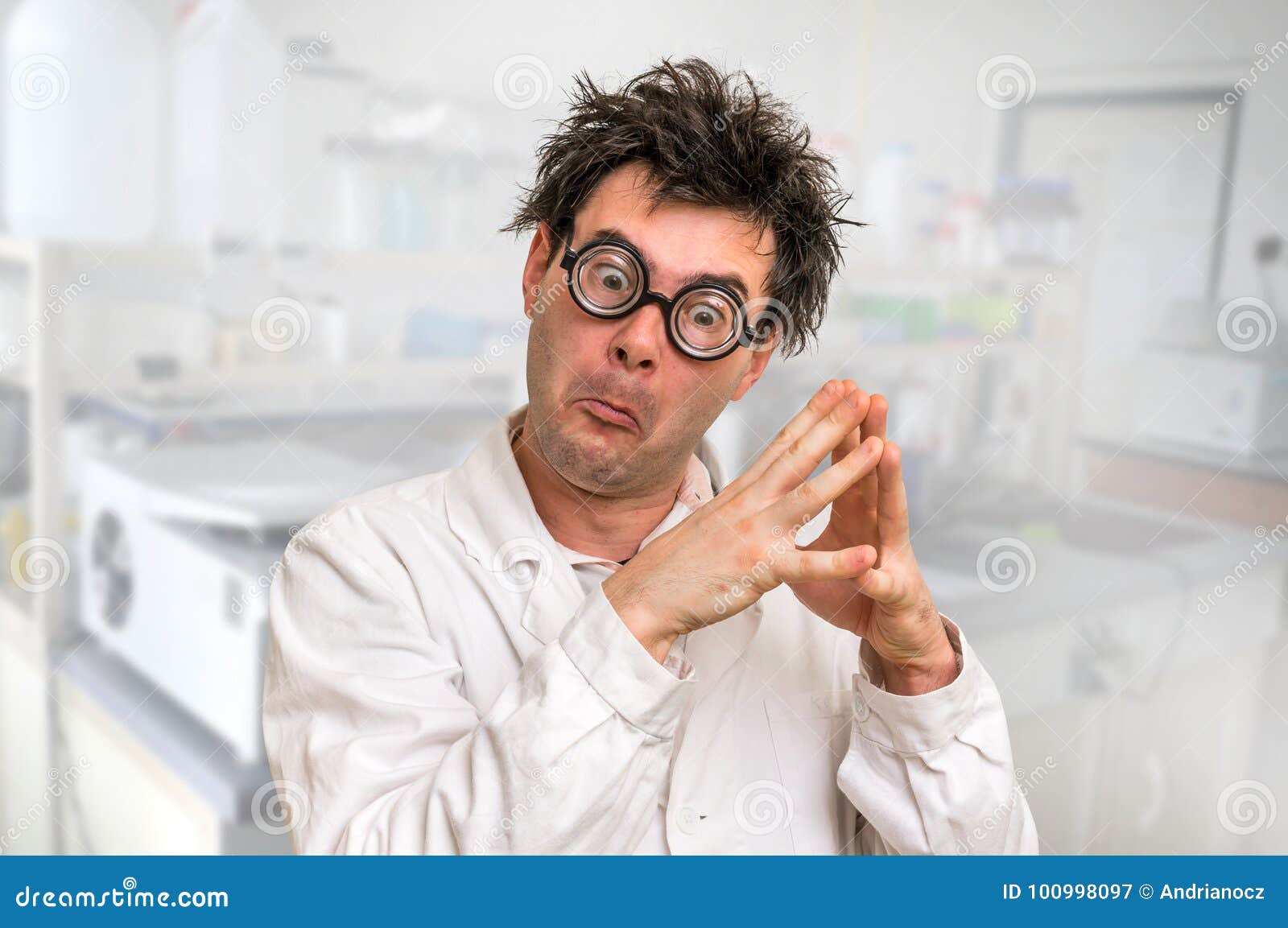 Crazy Scientist with Glasses Thinking about His Experiment Stock Image ...