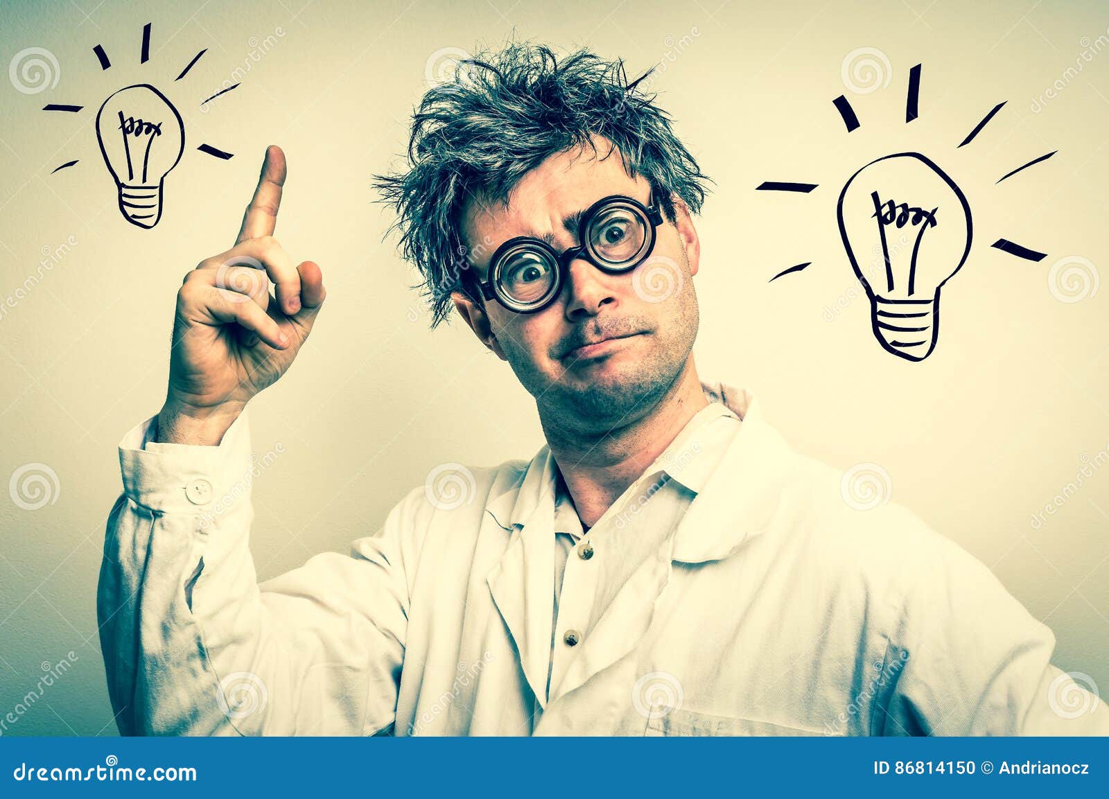 Crazy Scientist Got the Great Idea with Bulb Symbol Stock Photo - Image ...