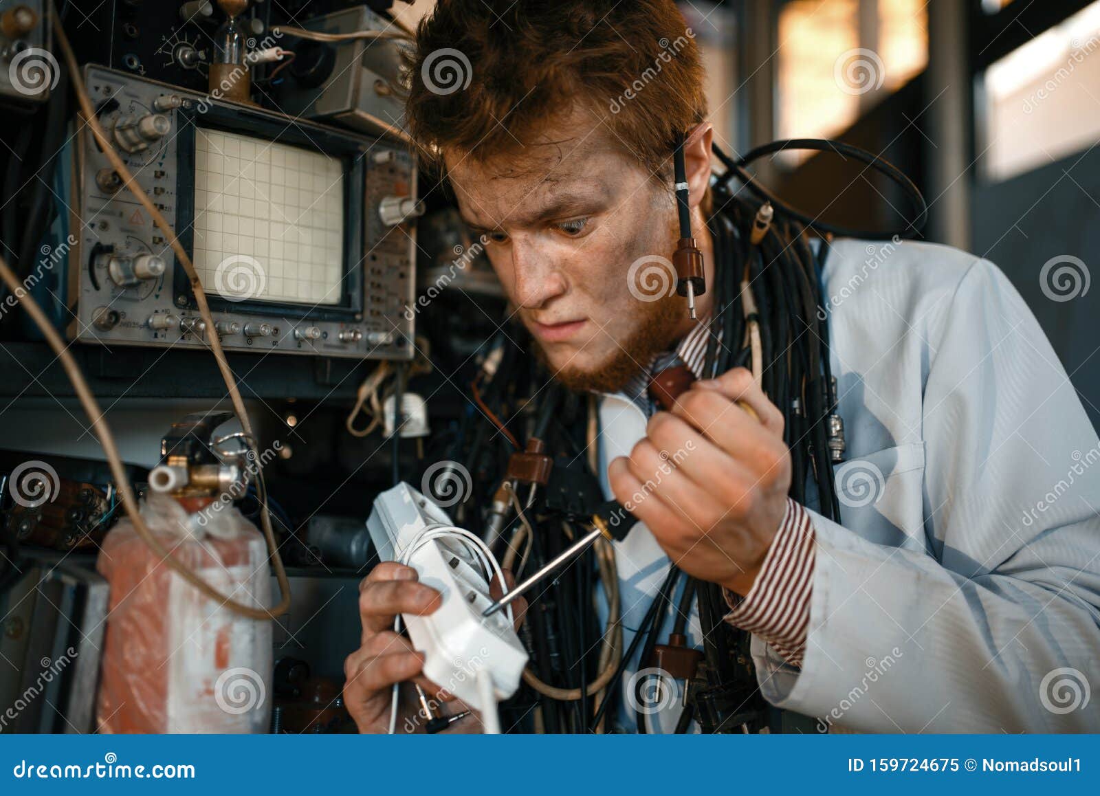 Crazy Scientist Works with Electricity in Lab Stock Image - Image of ...