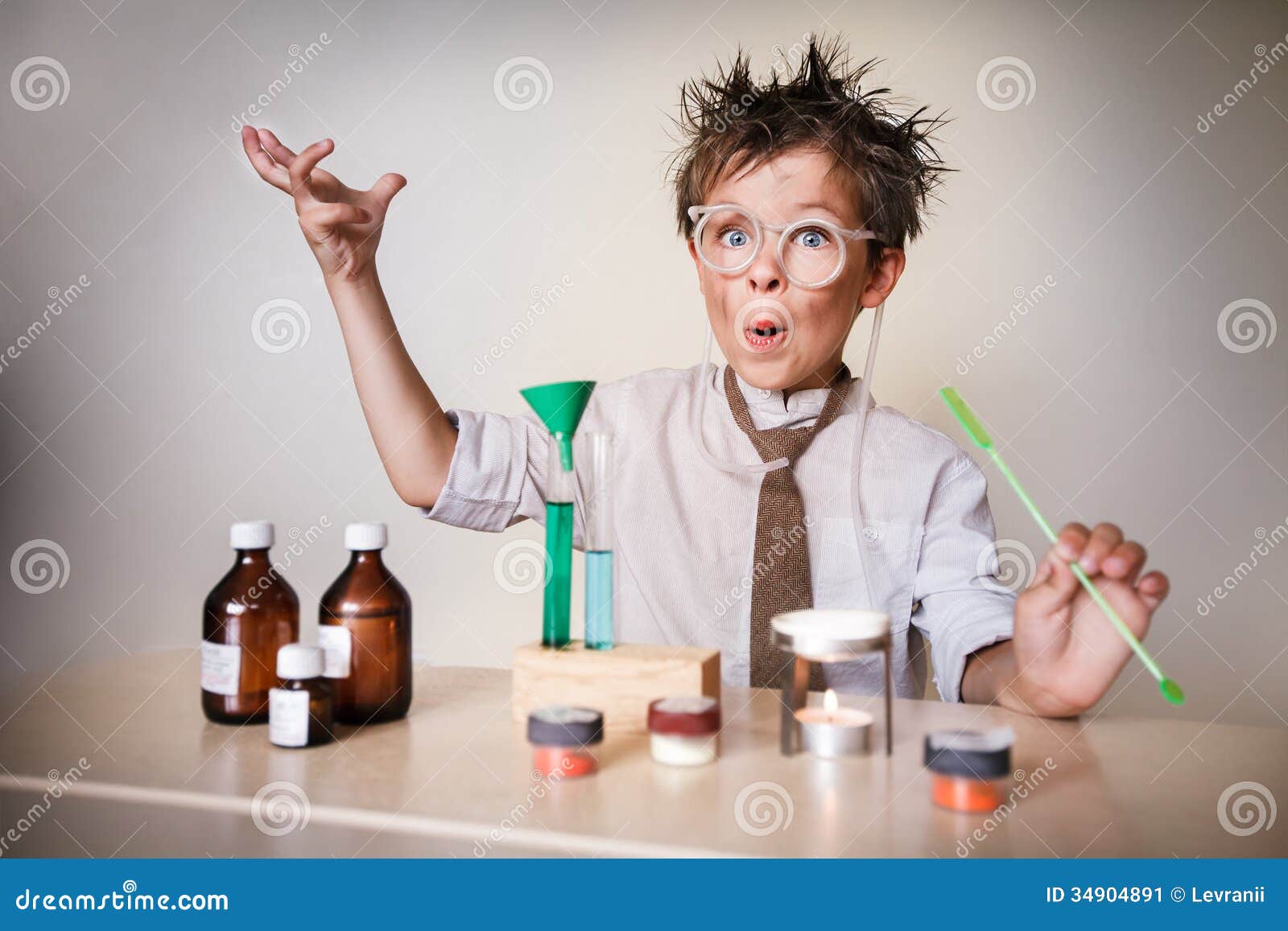 Crazy Scientist With Goofy Look Grabbing Glass Test Tubes Sitting In ...