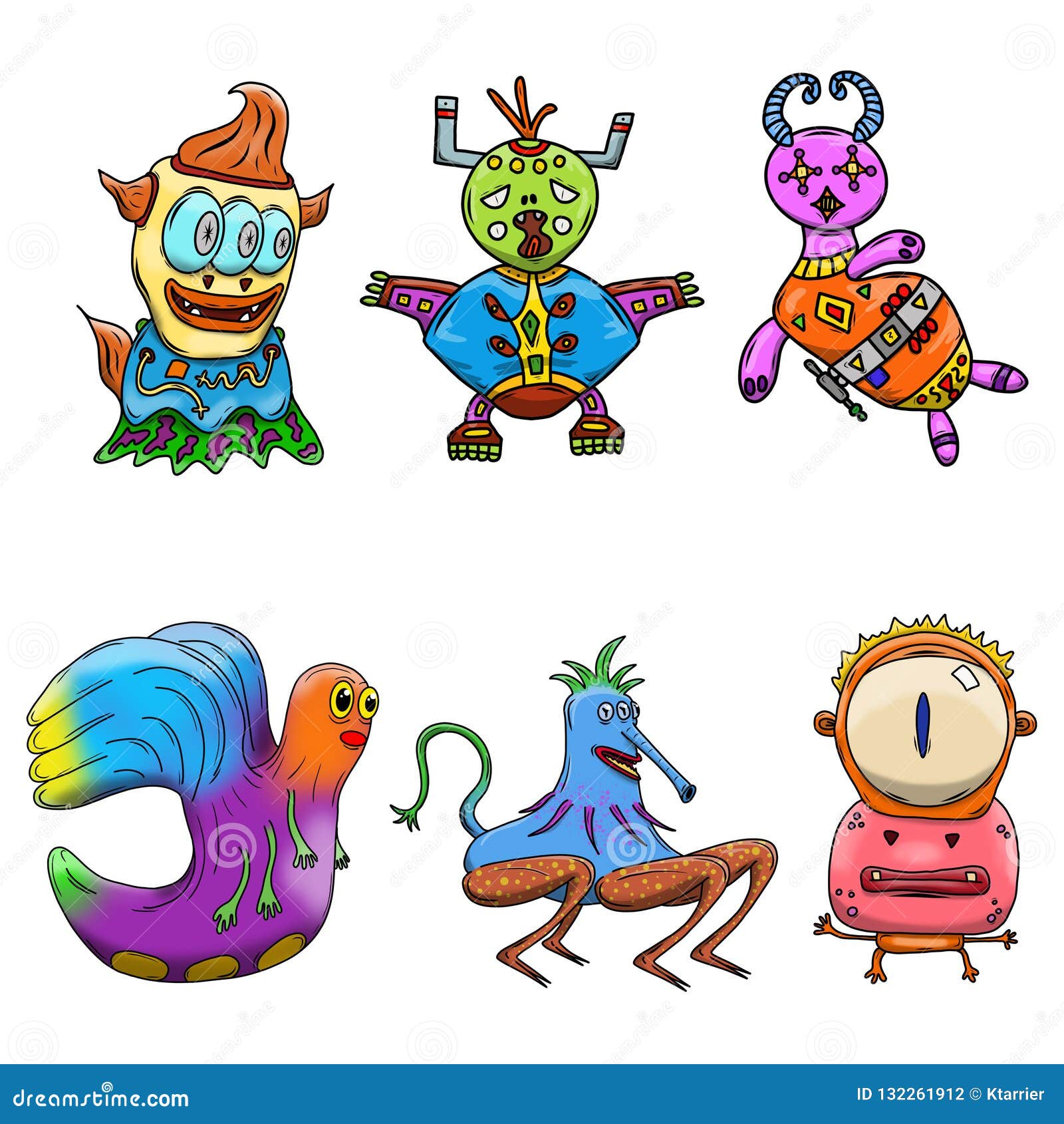 Crazy Strange Space Alien or Monster Set of 6. Original Colored Stock ...