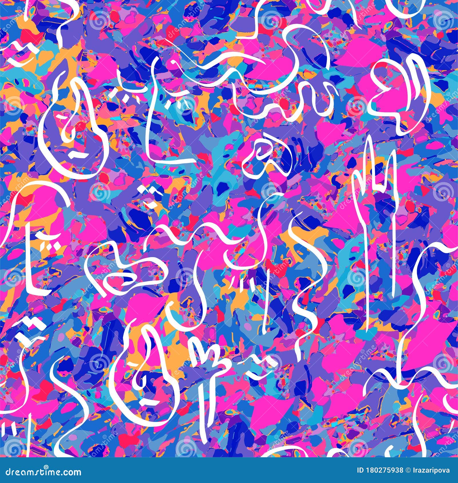 Crazy Line Drawing Style. Hands and Feet, Faces of Women on Abstract ...