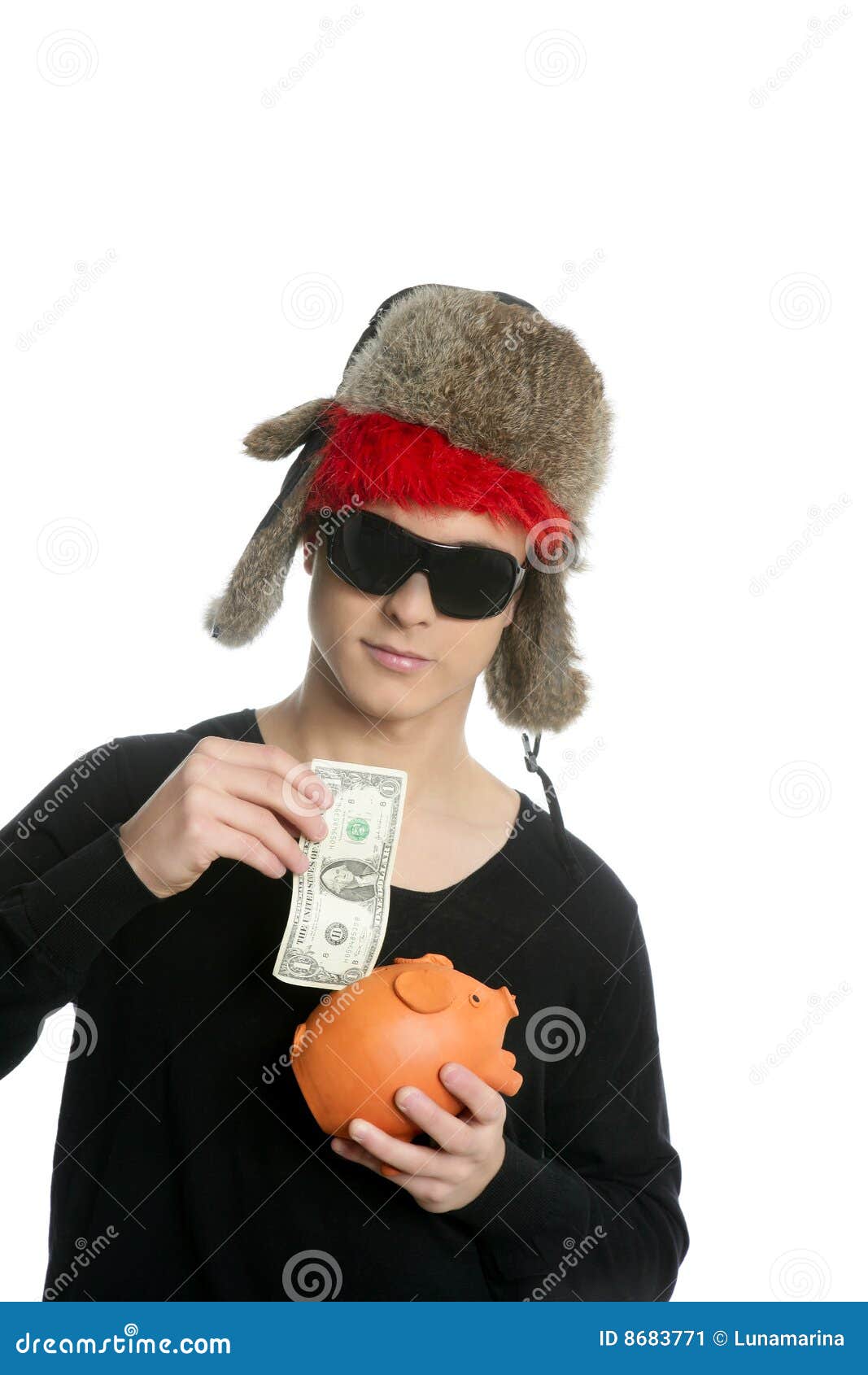 Crazy Young Student Boy, One Dollar in Piggy Bank Stock Image - Image ...