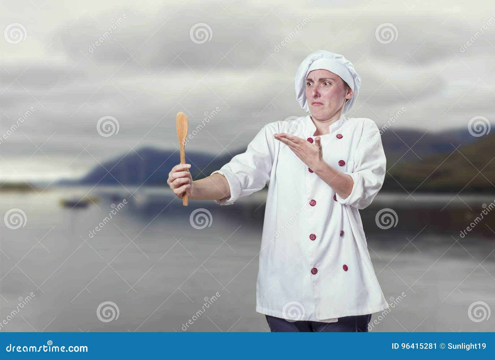 Crazy Young Woman Chef is Speaking with Wood Spoon Stock Image - Image ...