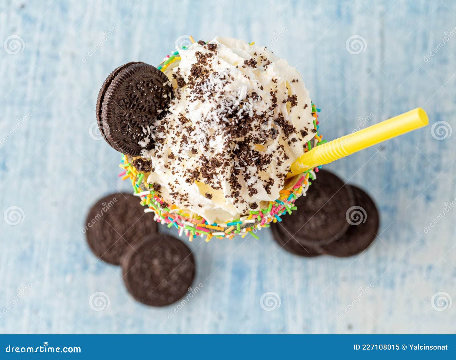 Cream and Chocolate Milkshake on Blue Background Stock Image - Image of ...