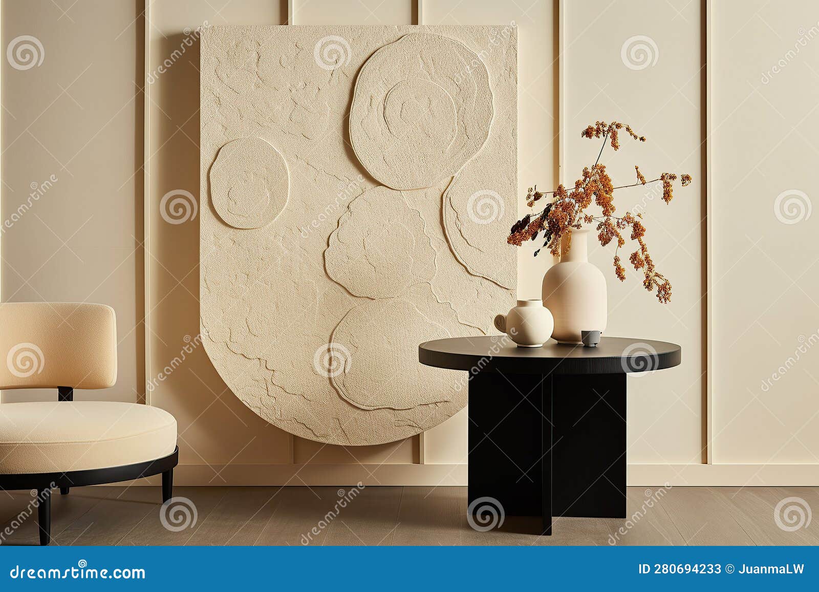 Cream Color Wall Panels and a Side Table in a Minimalistic Interior ...