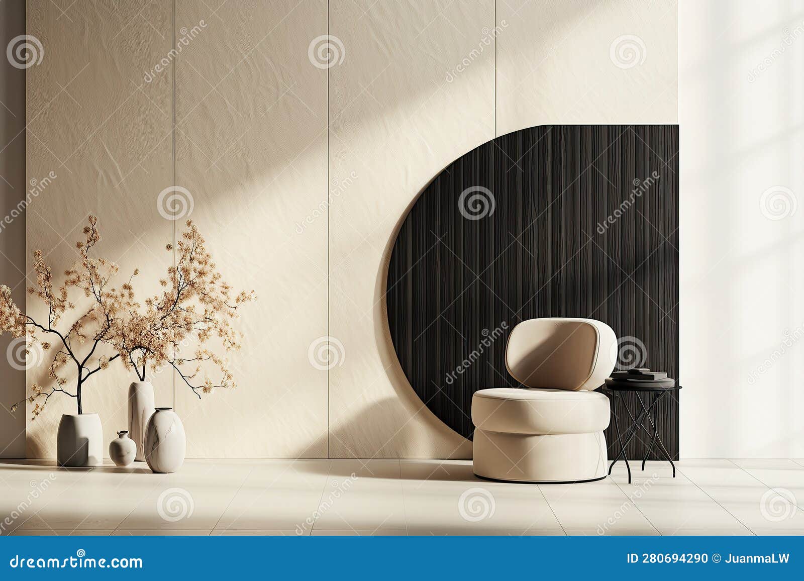 Cream Color Wall Panels and a Side Table in a Minimalistic Interior ...