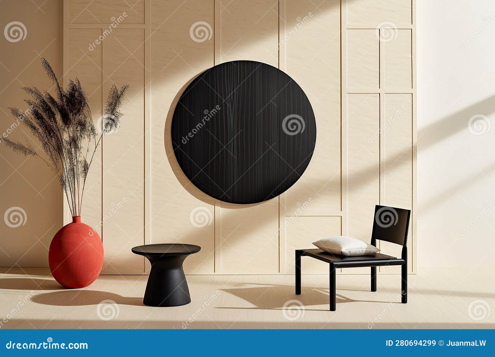 Cream Color Wall Panels and a Side Table in a Minimalistic Interior ...