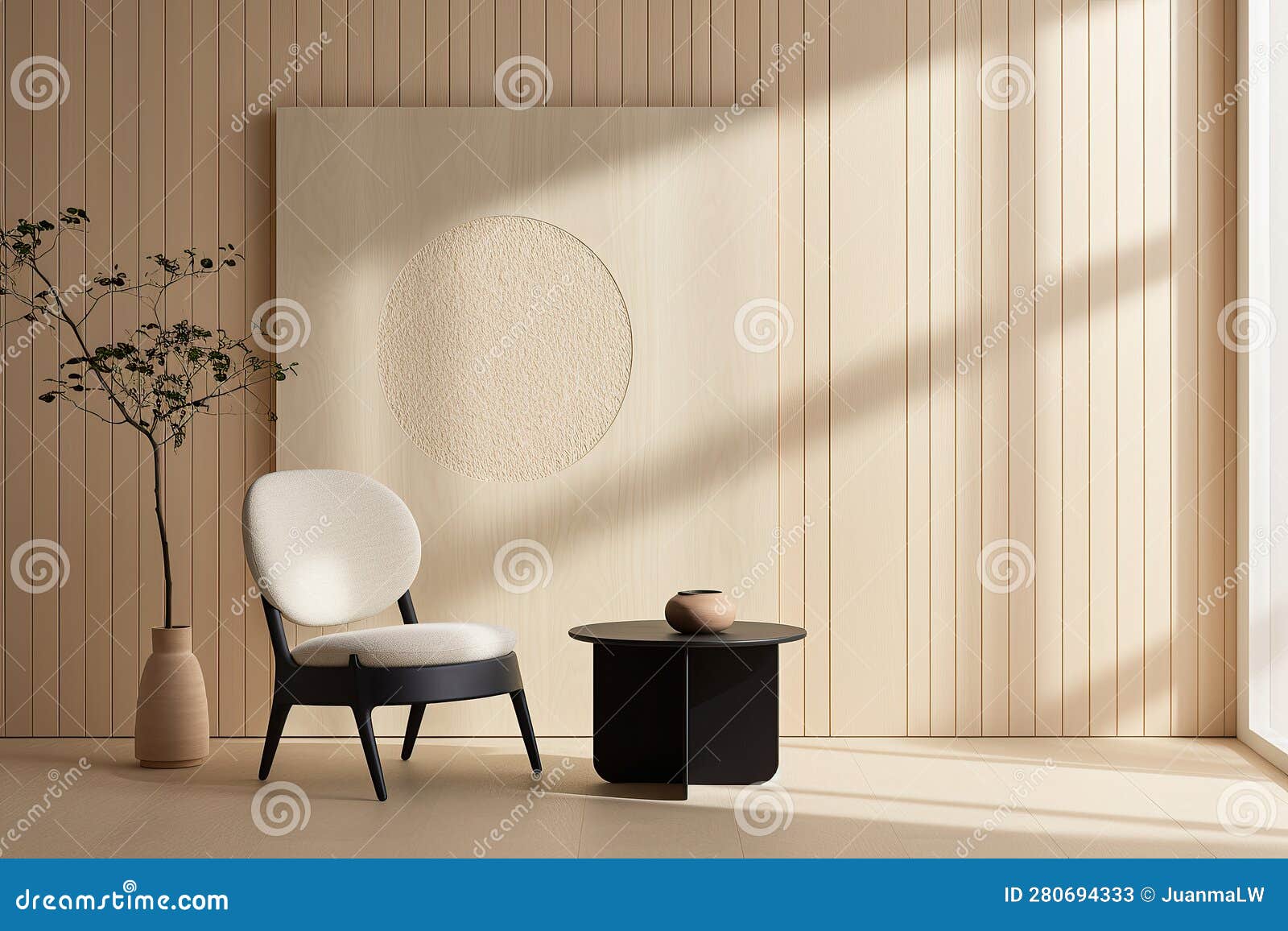 Cream Color Wall Panels and a Side Table in a Minimalistic Interior ...