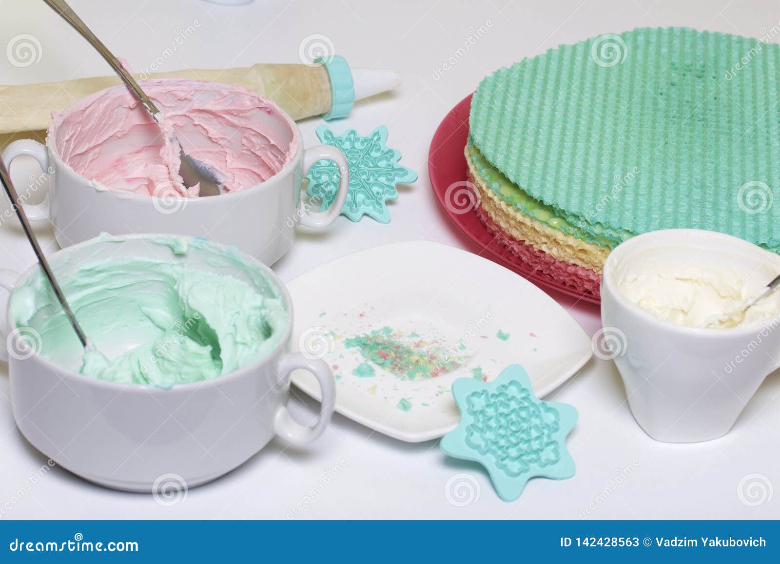 Cream of Different Colors for Decorating Waffle Cake. Round Wafer Cakes ...