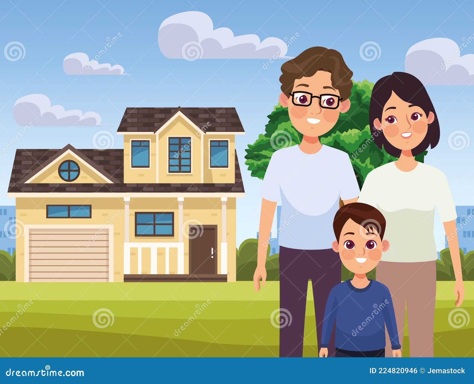 Cream house and family stock vector. Illustration of townhouse - 224820946