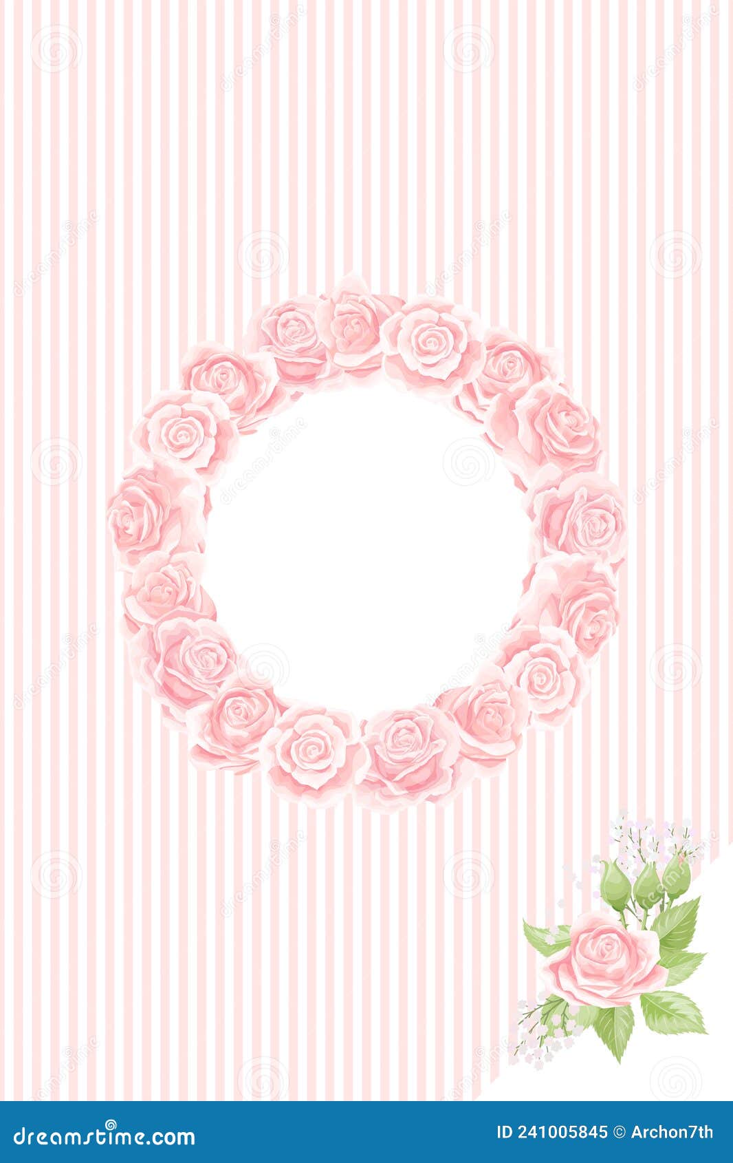 Cream Pink Rose Frame in the Shape of Circle, Hand Draw Vector Poscard ...