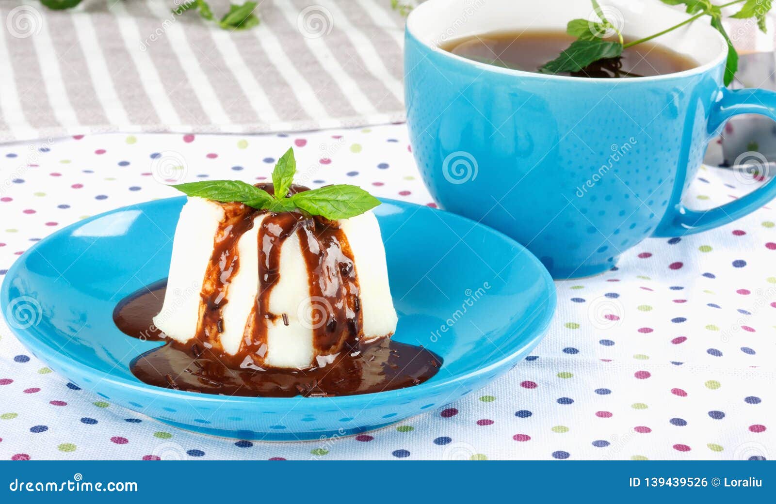 Cream Pudding with Chocolate Sauce, Mint Cup of Tea on Multicolored ...