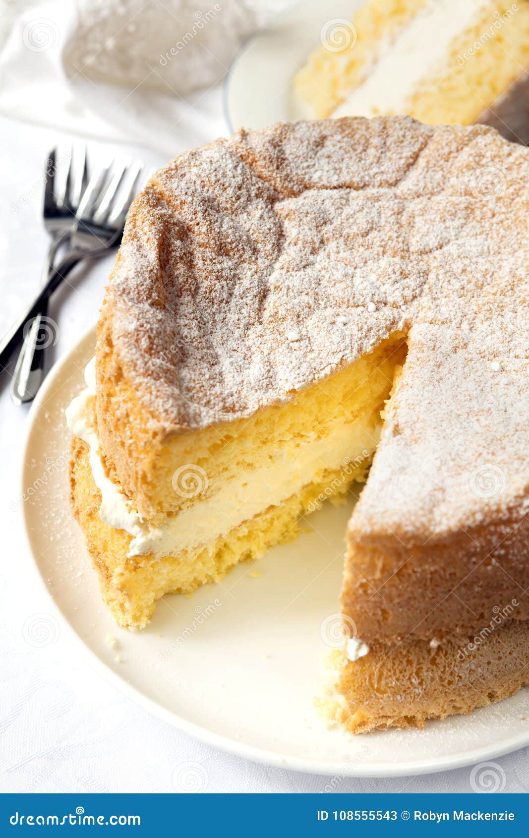 Cream Sponge Cake with Slice Cut Out for Serving Stock Image - Image of ...