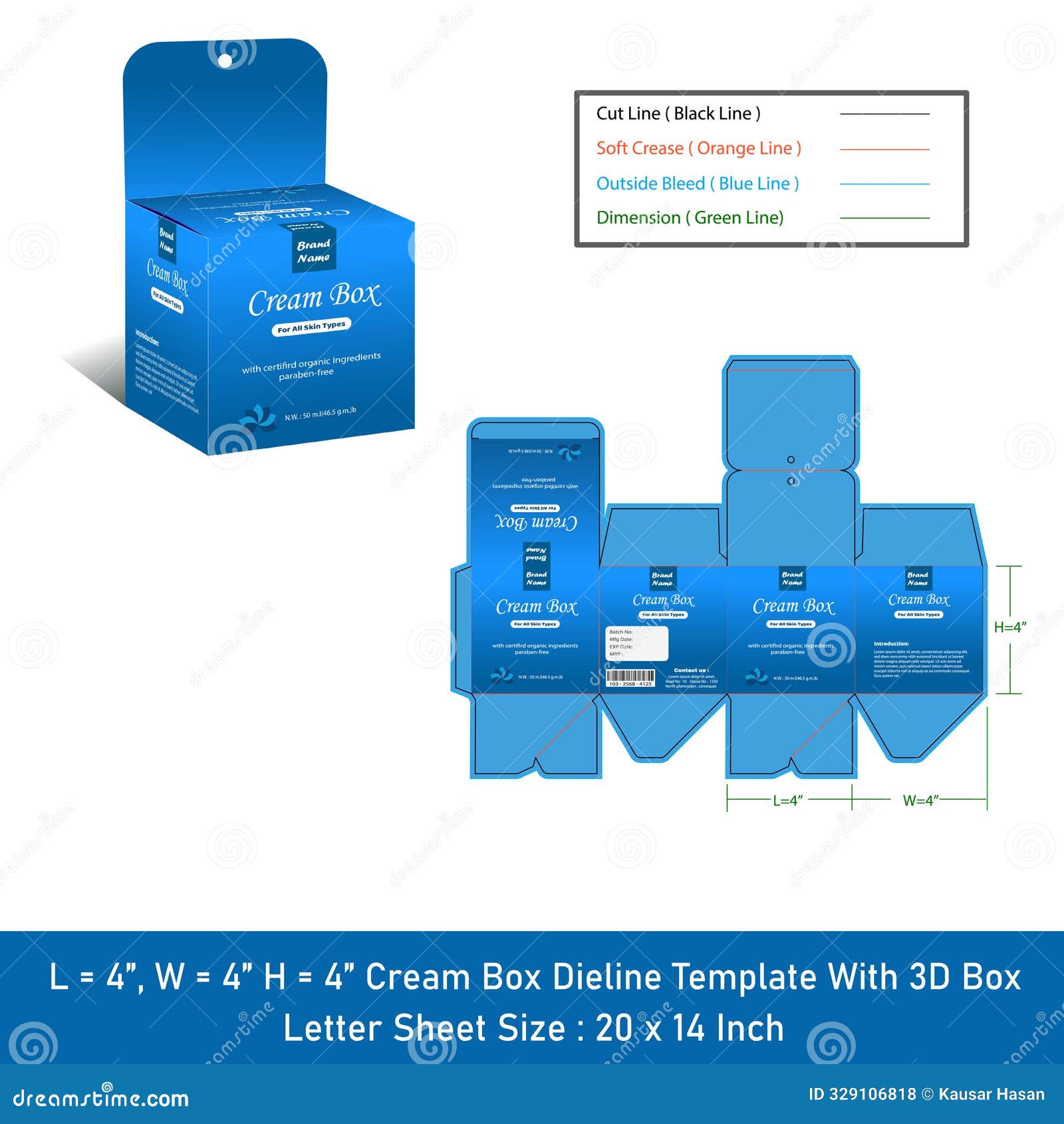 Creambox Packaging Dieline Template Size 4x4x4 Inch,Vector Design Stock ...