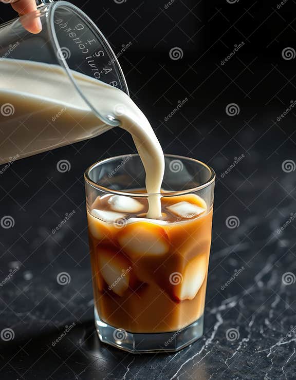 Creamy Beverage Poured into a Glass Filled with Ice Creates an Inviting ...