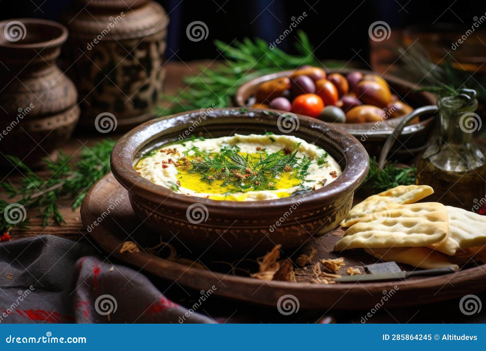 Creamy Hummus in Rustic Bowl with Olive Oil Drizzle Stock Image - Image ...