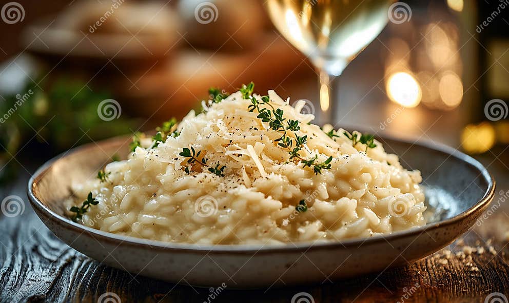 Creamy Risotto Garnished with Parmesan Cheese and Thyme Stock Photo ...