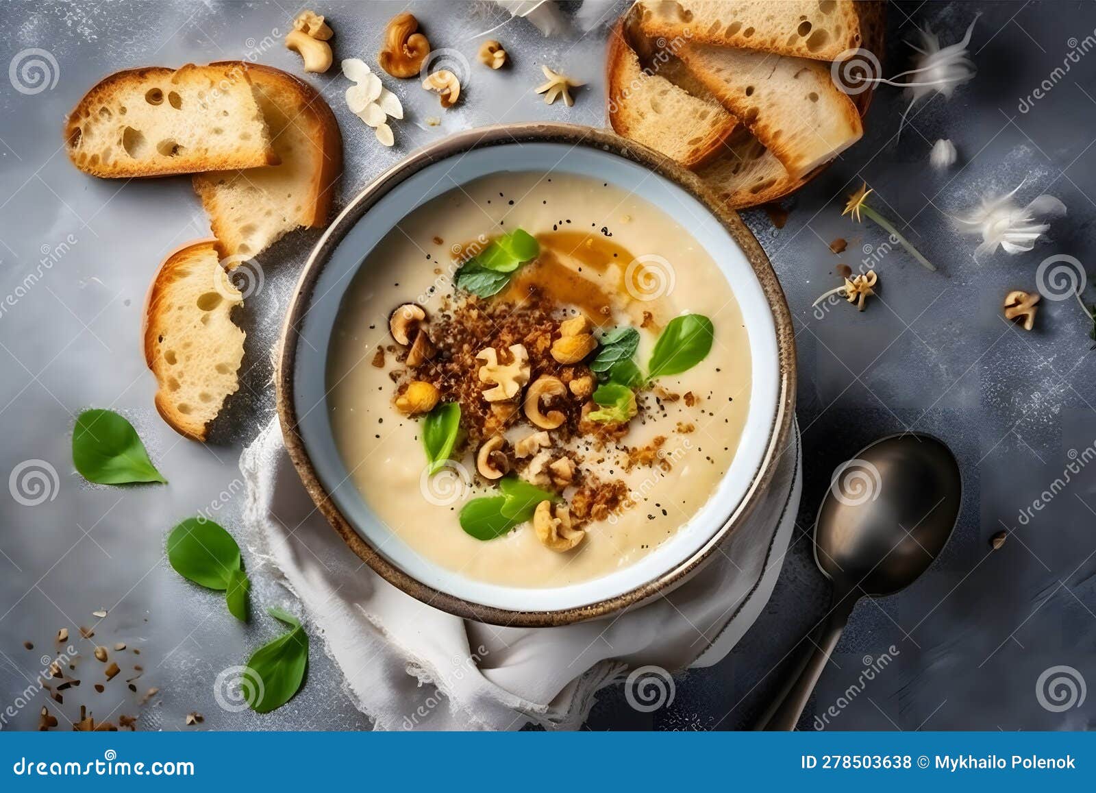 Creamy Soup with Crispy Garlic Bread Baguette. Neural Network AI ...