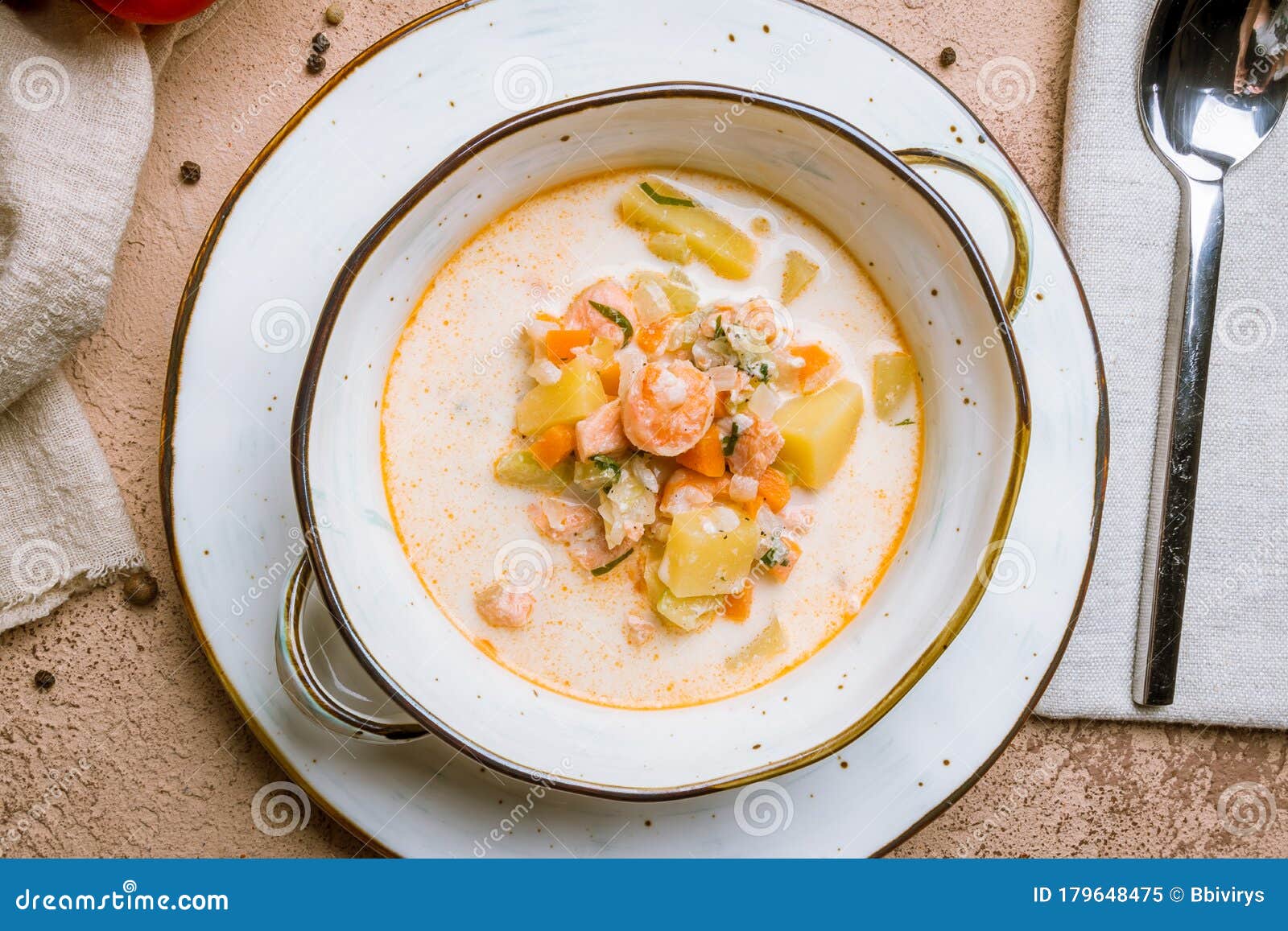 Creamy Soup with Seafood Top View Stock Image - Image of plate, food ...