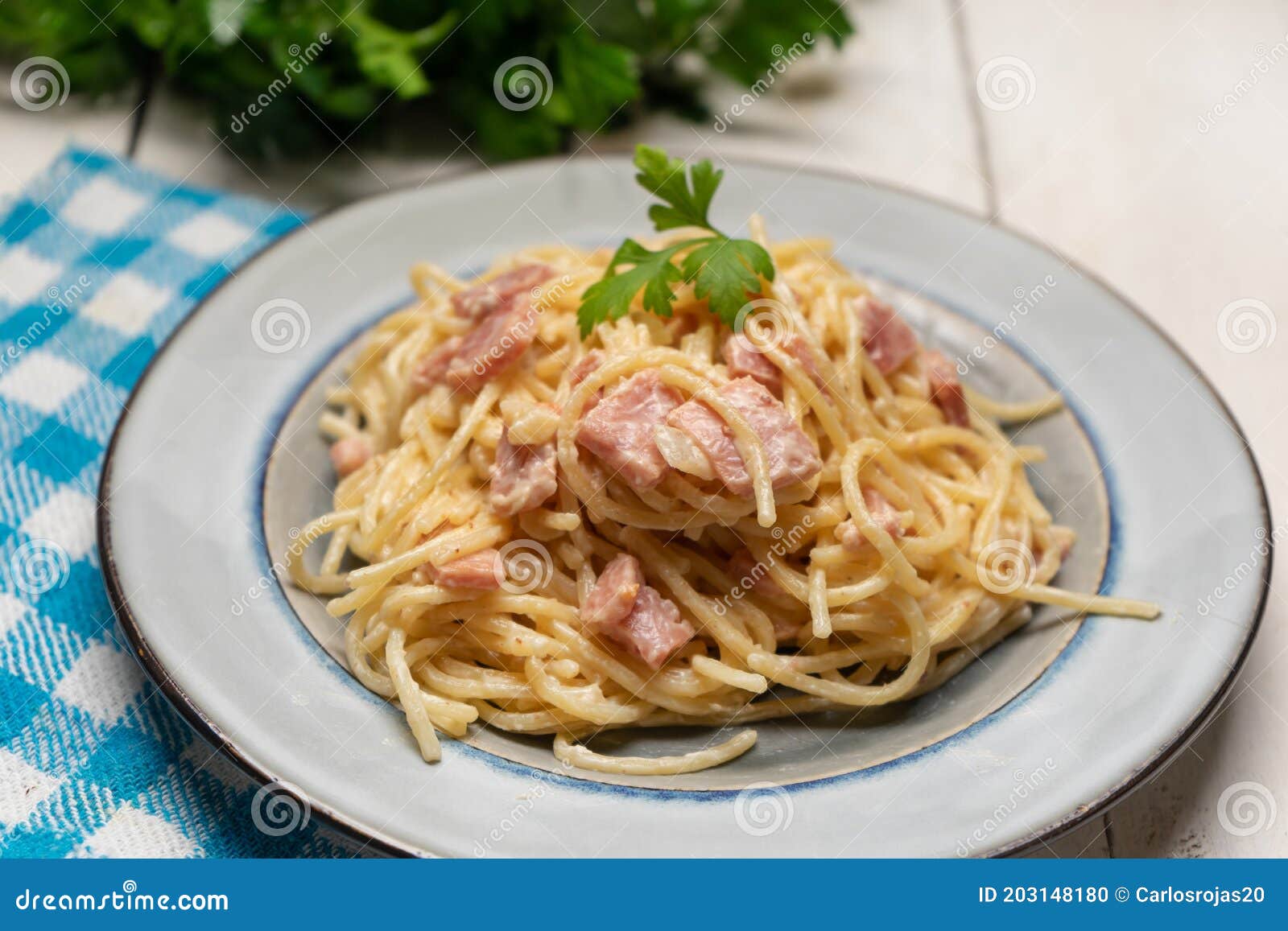 Creamy Spaghetti Pasta with Ham on White Background Stock Photo - Image ...