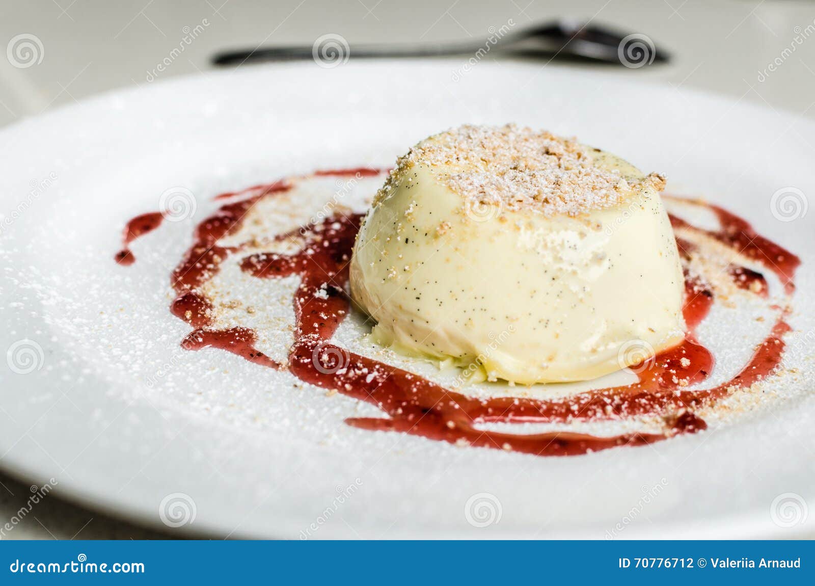 Creamy Vanilla Panna Cotta in Raspberry Sauce on the White Plate Stock ...