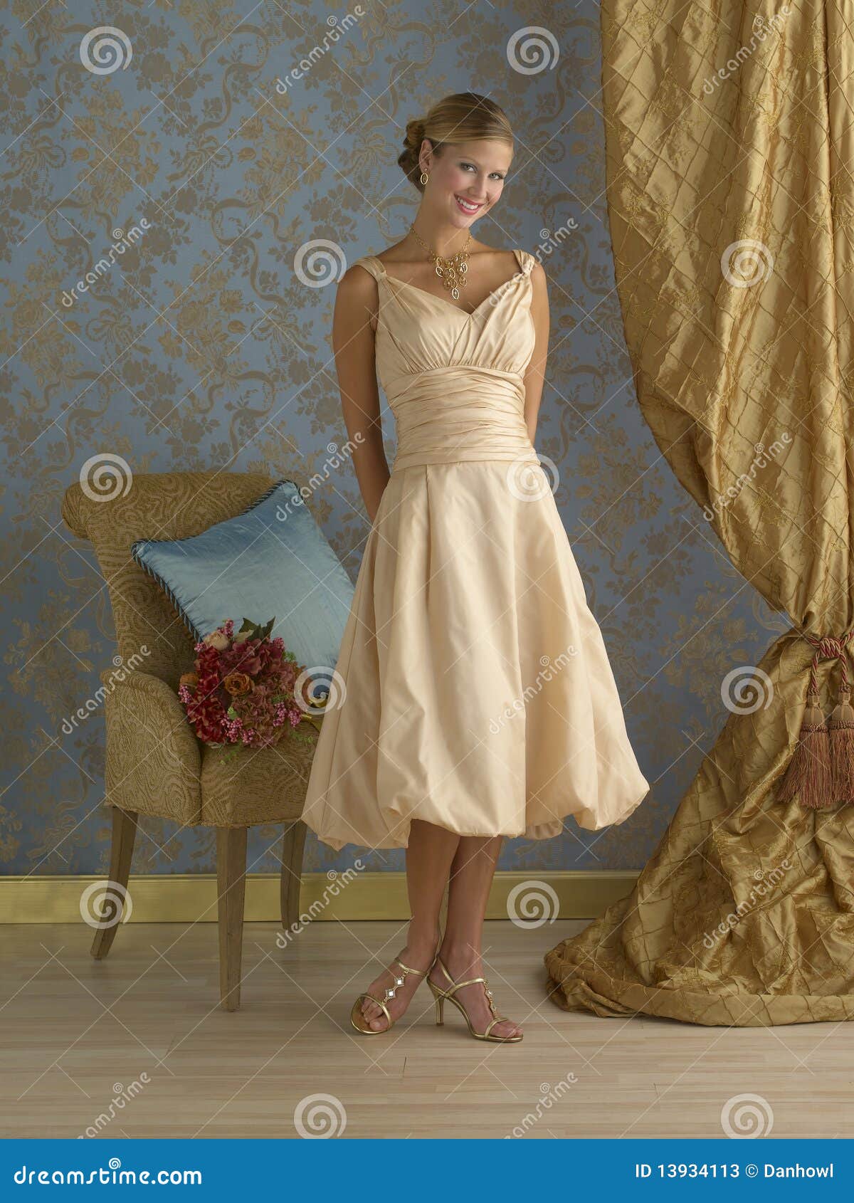 Creamy Yellow Evening Dress Stock Image - Image of curtain, jewelry ...