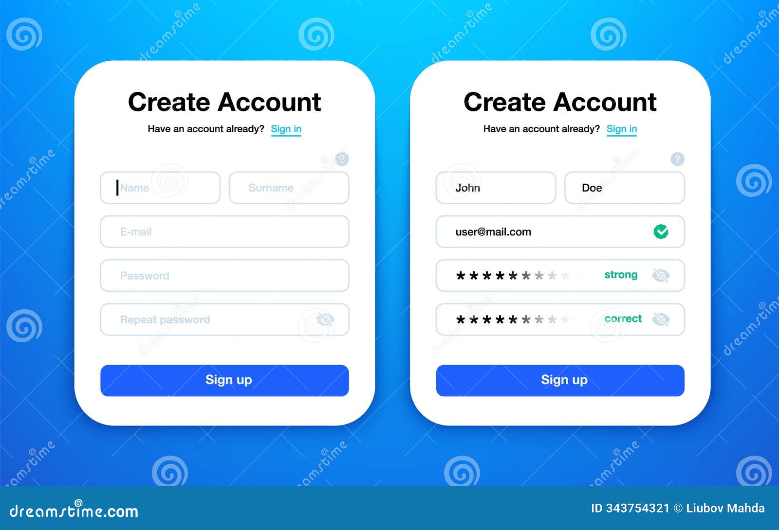 Create Account UI. Sign Up and Log in Form with Personal User Data, Modern Mobile Application ...