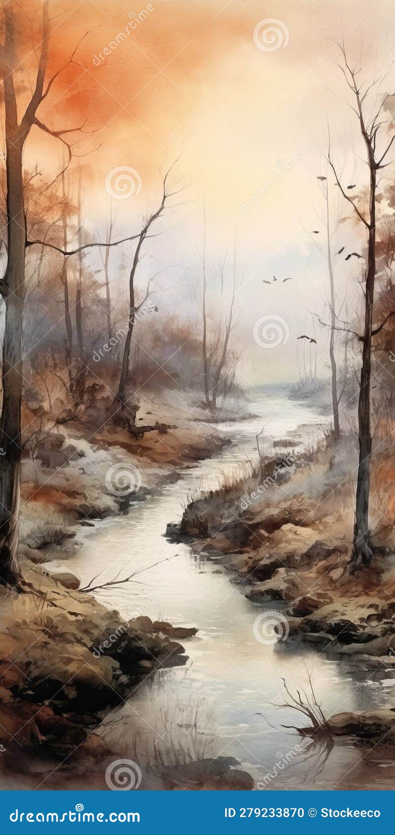 River Painting in Watercolor Style Stock Illustration - Illustration of ...