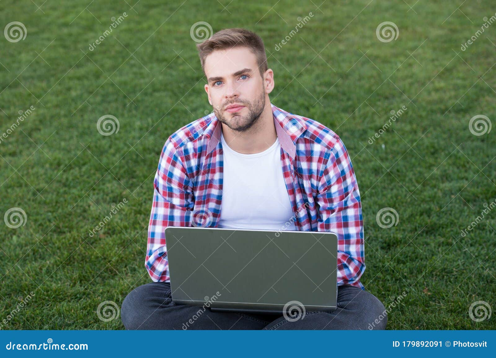 Create Connection with Your Audience. Vlogger Use Computer Green Grass ...