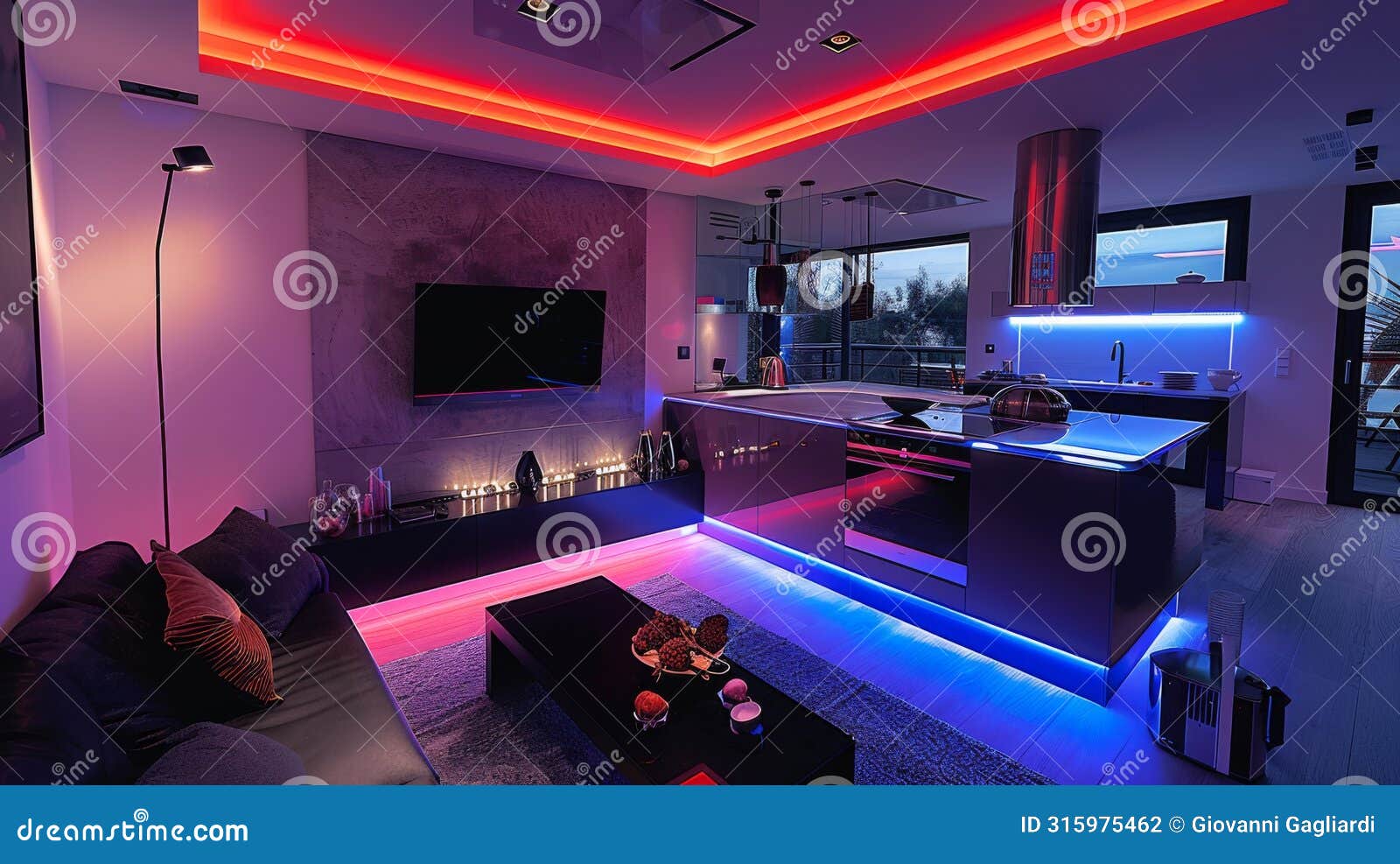 Create a Contemporary Kitchen with a Wall-mounted TV and LED Strips ...