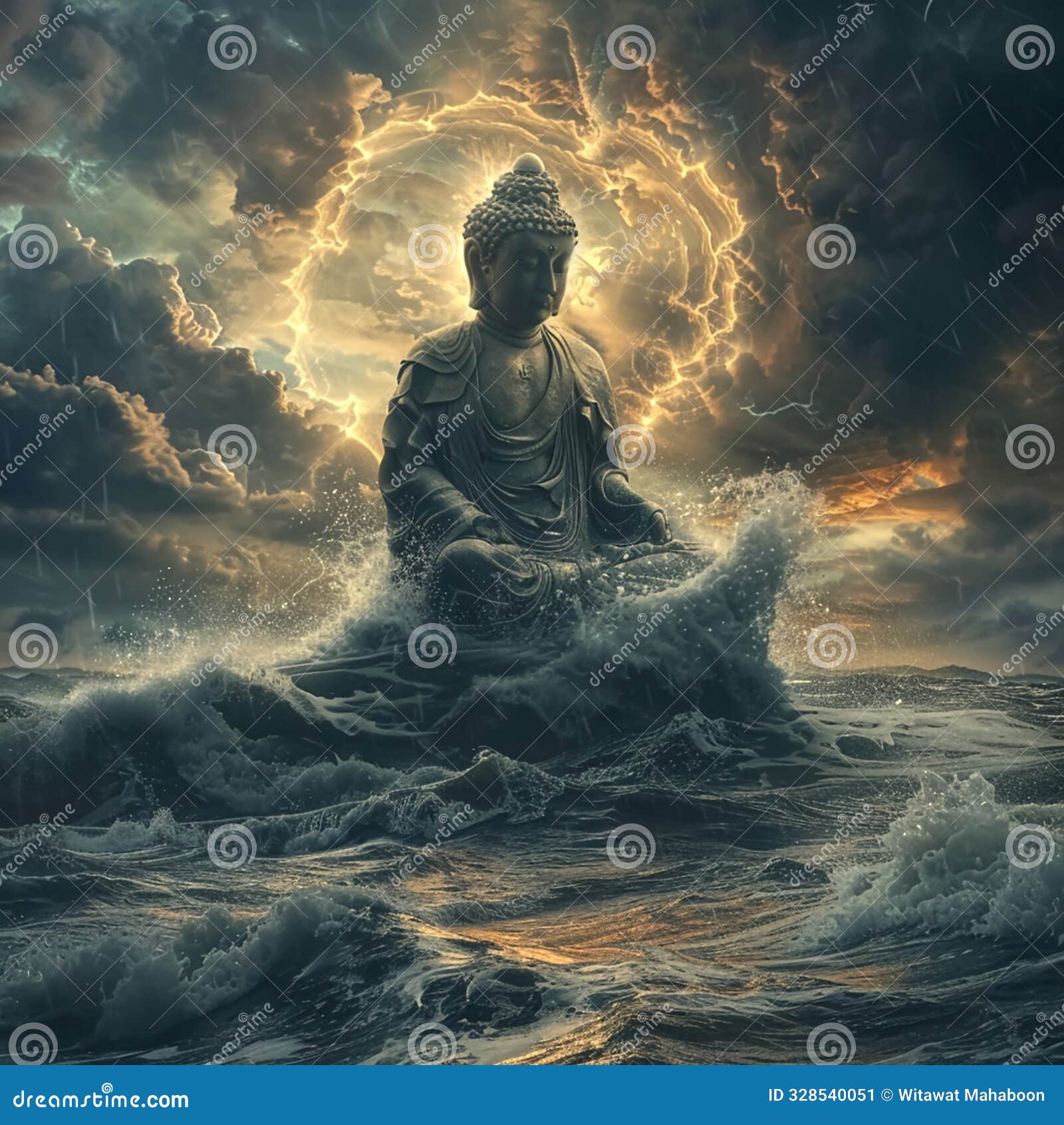 Create a Dramatic and Serene Image of Buddha Floating Above the Ocean ...